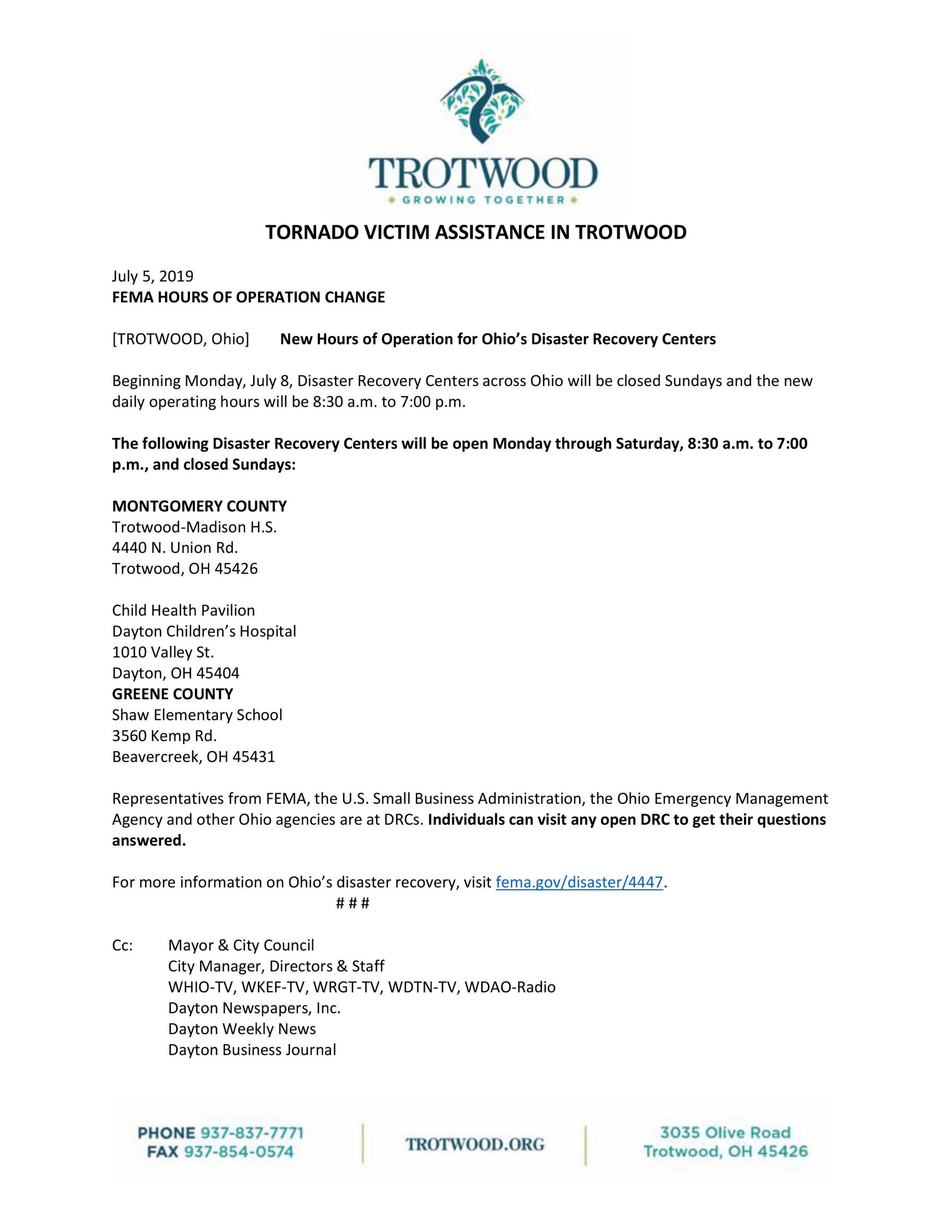 New Hours Of Operation For Ohio s Disaster Recovery Centers Trotwood New Hours Of Operation For Ohio s Disaster Recovery Centers Trotwood