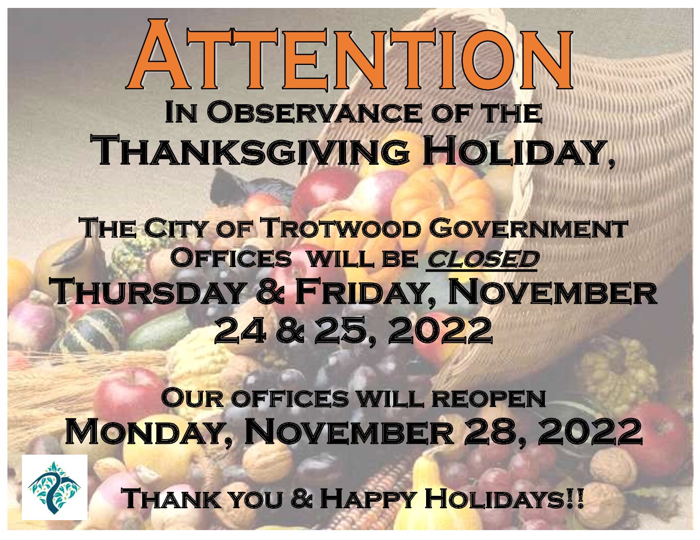 Thanksgiving Holiday Office Closure Announcement Trotwood Ohio